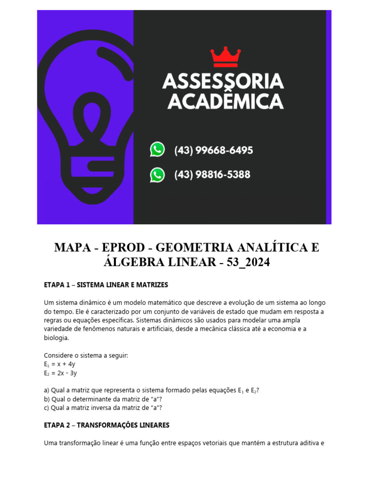 Mapa - Eprod - Geometria Analítica e Álgebra Linear - 53_2024 | PDF