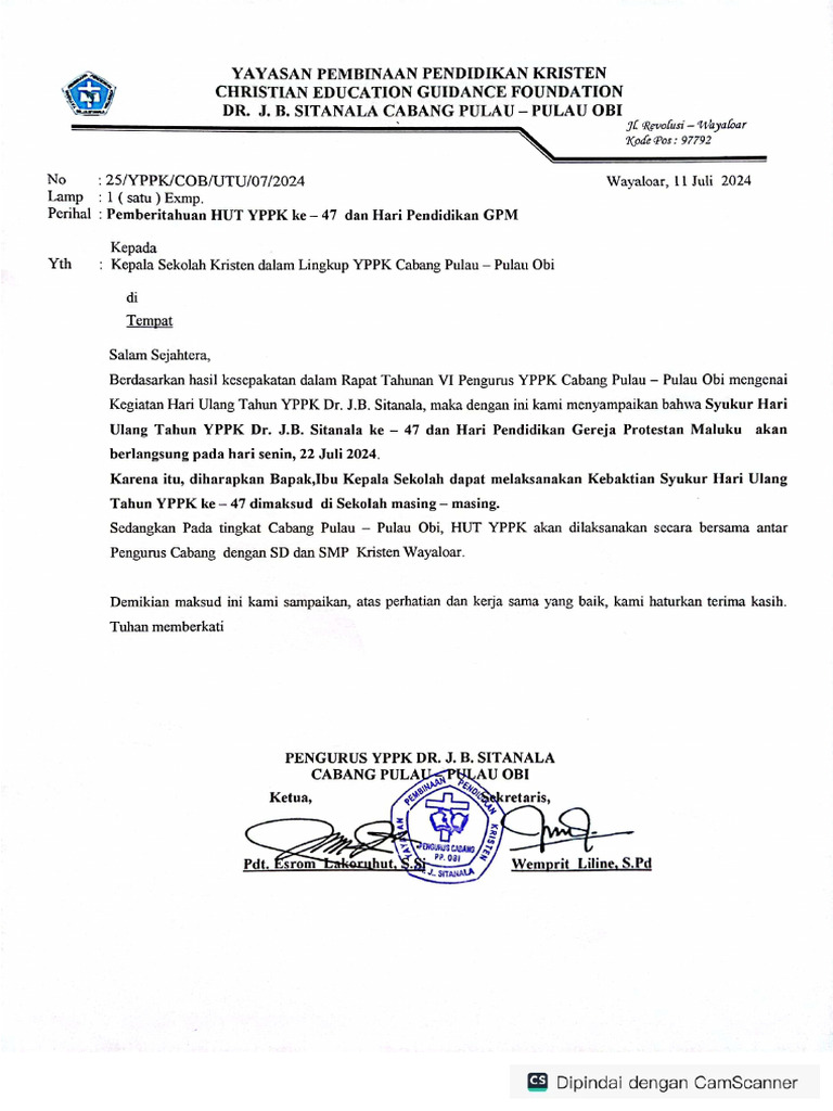 Surat YPPK Ke Kepsek TTG HUT YPPK | PDF