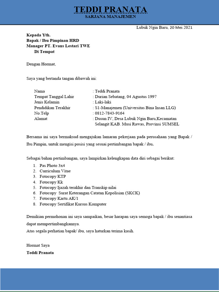 Surat Lamaran Kerja Evans | PDF | Pengembangan Diri | Kesehatan Holistik