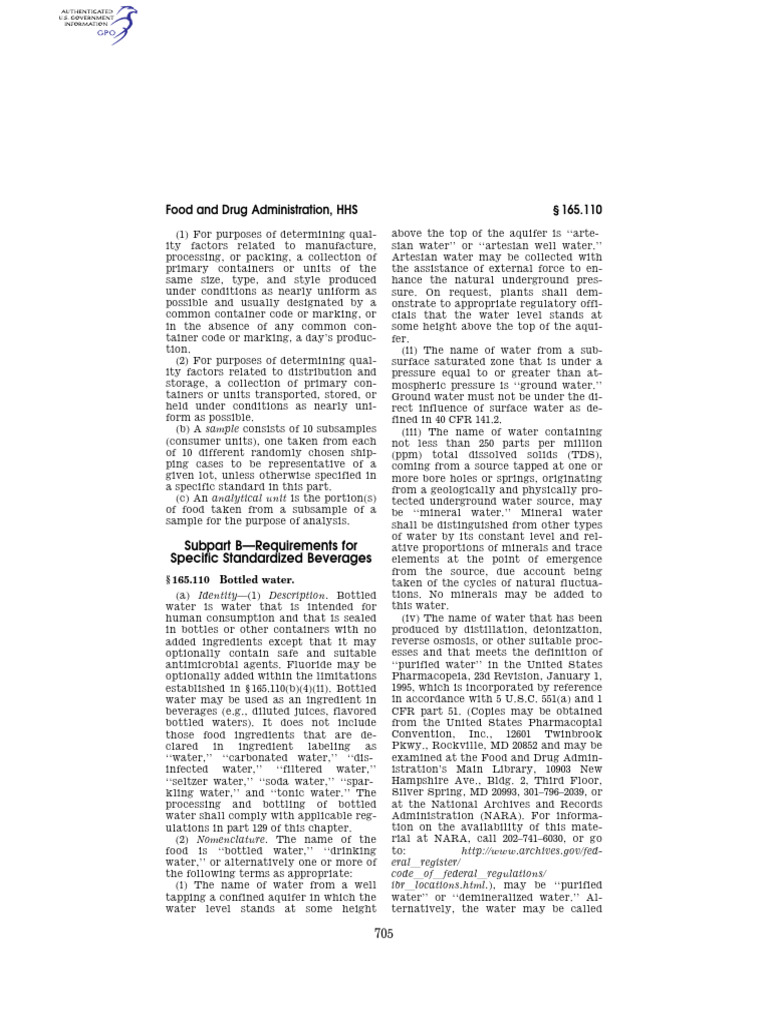 CFR 2020 Title21 Vol2 Sec165 110 | PDF | Purified Water | Water