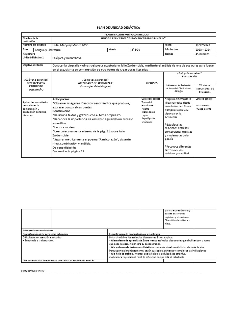 Plan de Clase | PDF | Evaluación | Aprendizaje