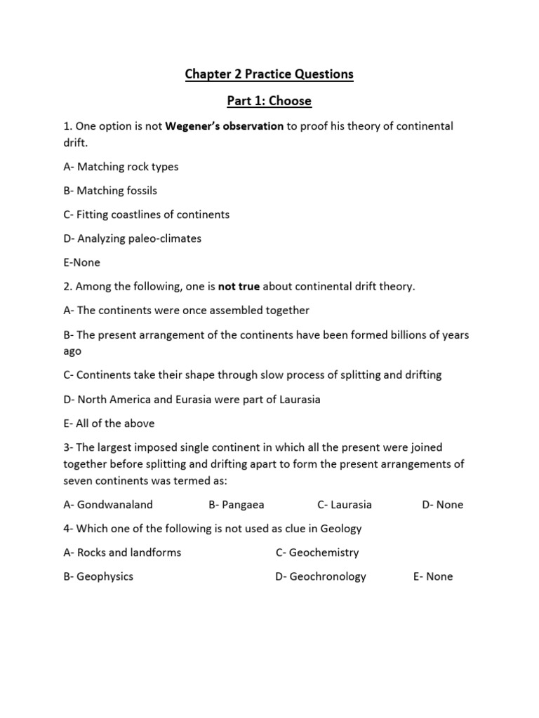 Chapter 2 Practice Questions | PDF | Continent | Geology