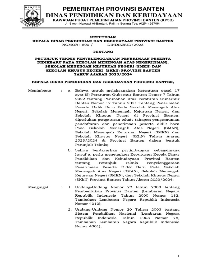 SK Juknis PPDB Sma-Smk-Skh Ta. 2023-2024 | PDF