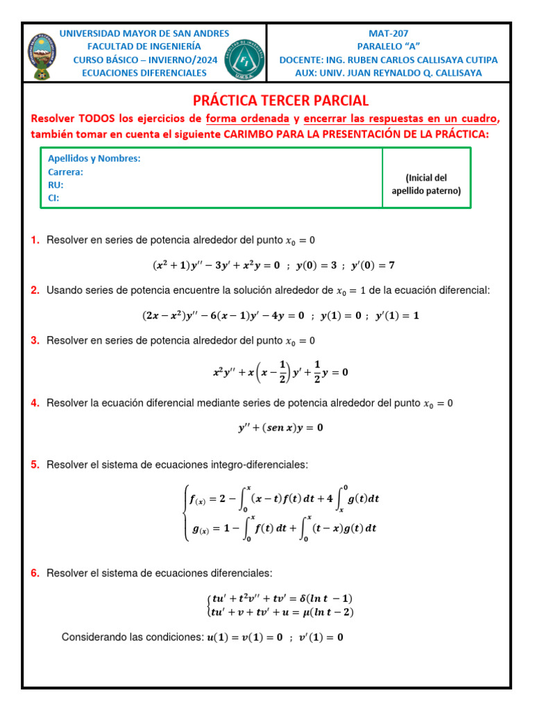 Practica 3er Parcial AuxMAT207 Invierno 24 Grupo A | PDF | Ecuaciones | Ecuaciones diferenciales