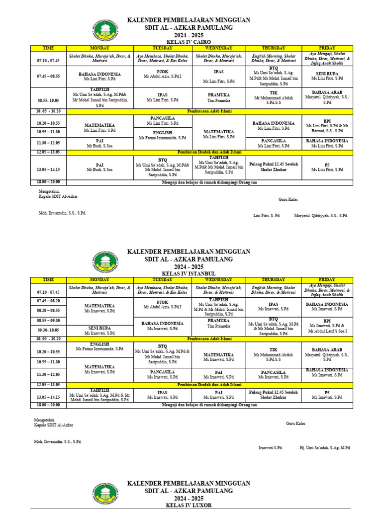 Kalender Pembelajaran Kelas IV SDIT Al-Azkar | PDF
