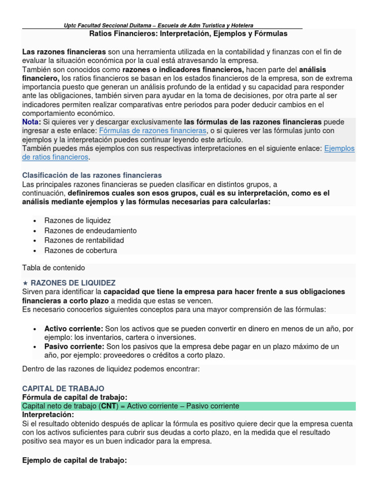Ratios Financieros: Fórmulas y Ejemplos | PDF | Compartir (Finanzas ...