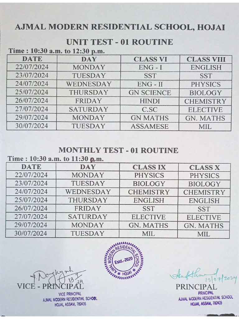 Unit Test and Monthly Test Routine, AMRS (2024-2025) | PDF