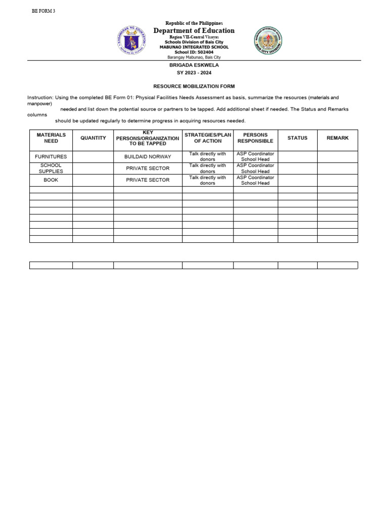 BS Form 3 Resource Mobilization | PDF | Economies