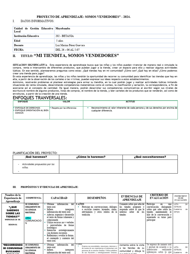 Proyecto 26-06 Al 5-07 Mi Tiendita, Somos Vendedores 2022 | PDF | Evaluación | Aprendizaje