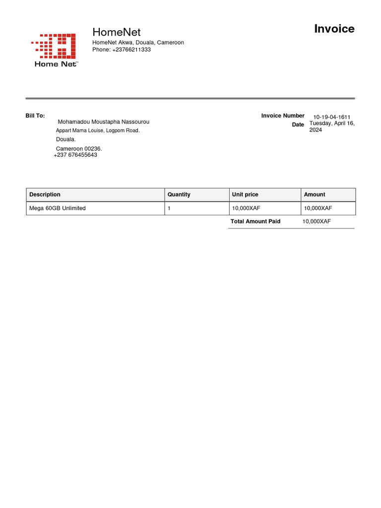 Internet Invoice for Moustapha | PDF
