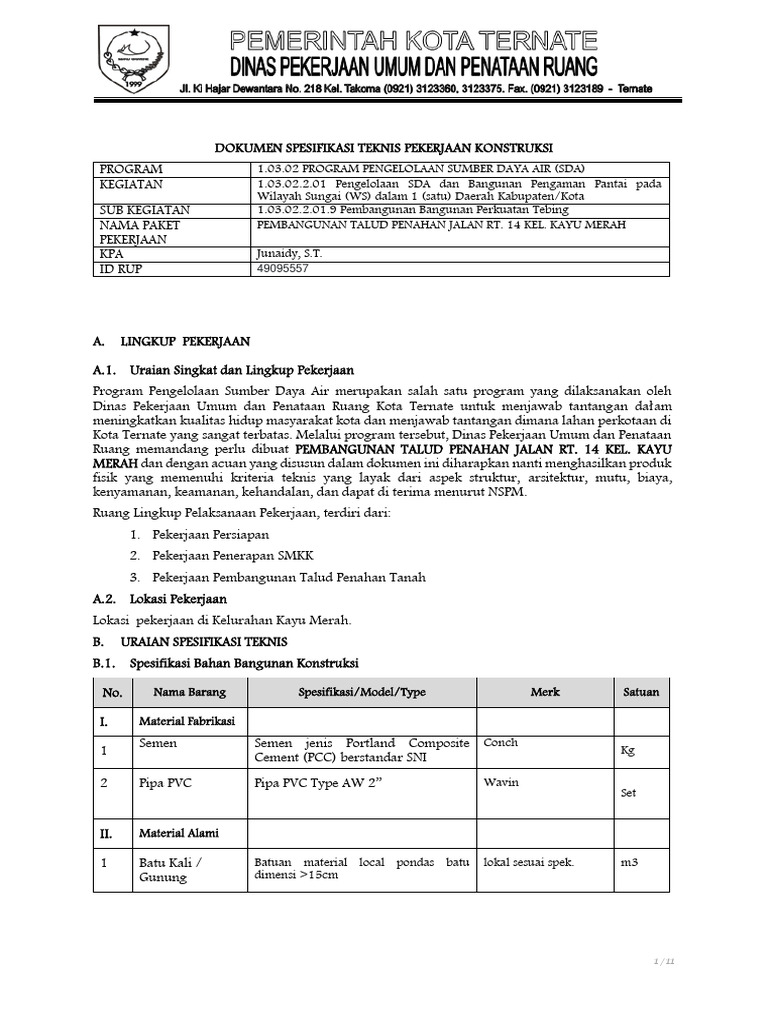 03 SPESIFIKASI TEKNIS Pembangunan Talud Penahan Jalan RT 14 Kel. Kayu ...