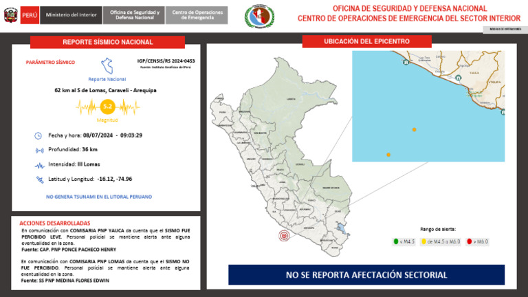 Sismo A 62 KM Al S de Lomas, Caraveli - Arequipa | PDF
