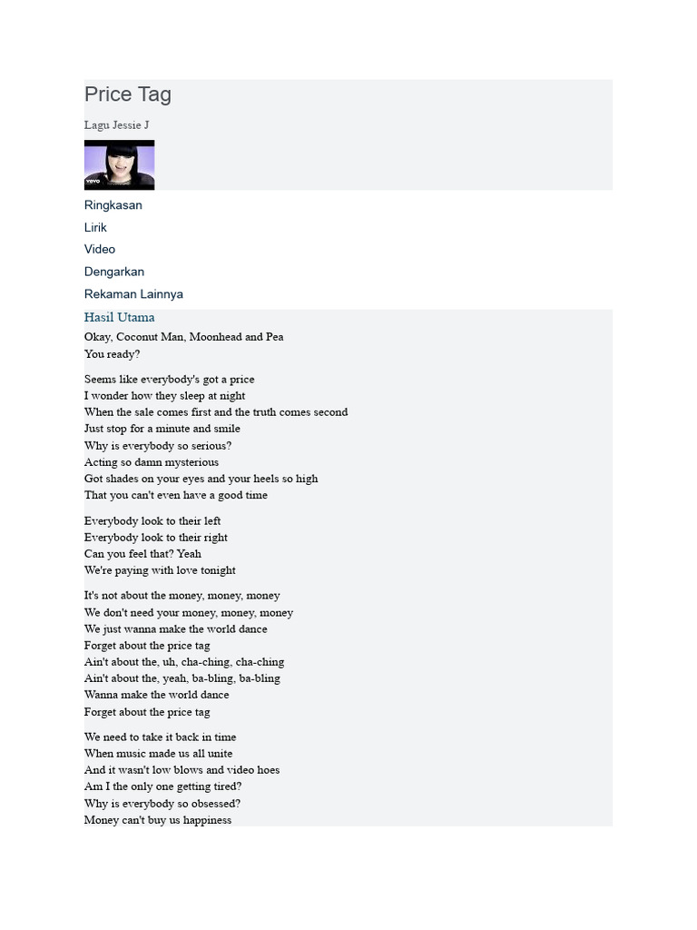Jessie J's "Price Tag" Lyrics & Summary | PDF | Art