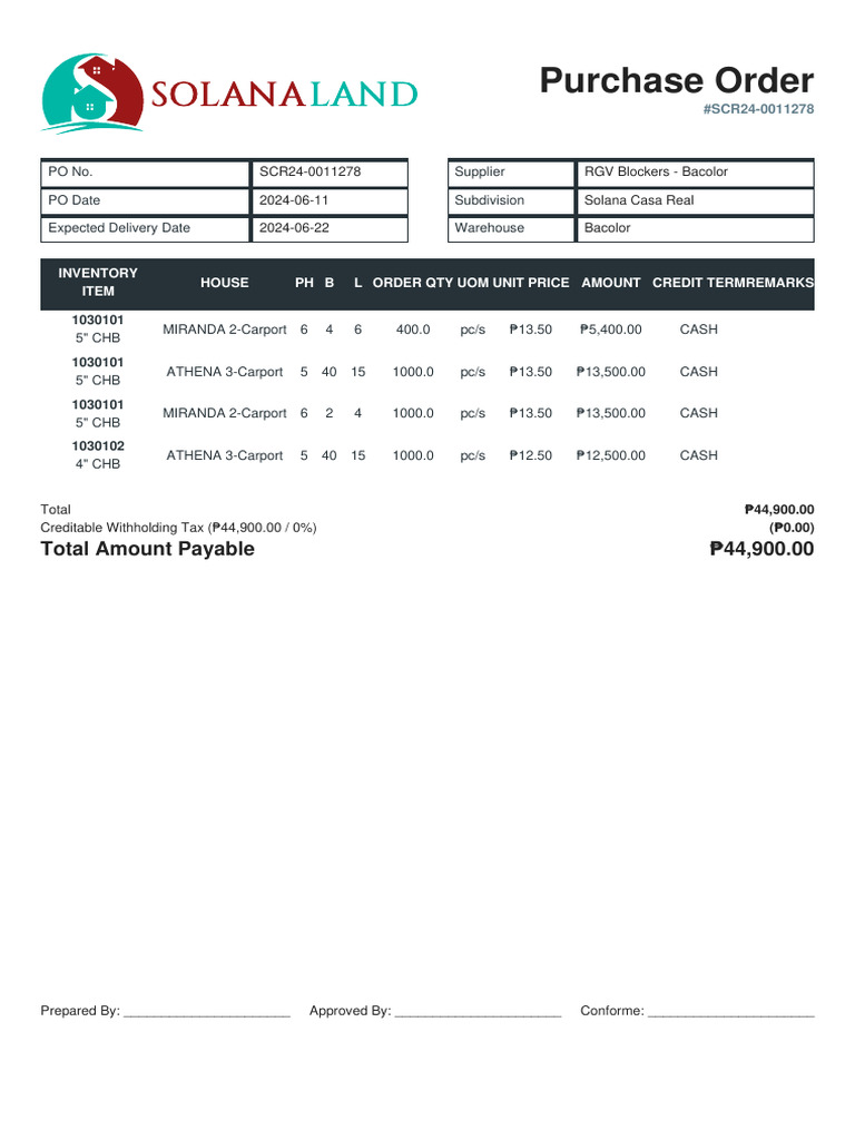 Sample Purchase Order | PDF