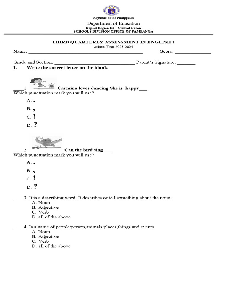 GRADE-1-ENGLISH-Q3-PT-2024-TOS-FINAL | PDF | Adjective | Noun