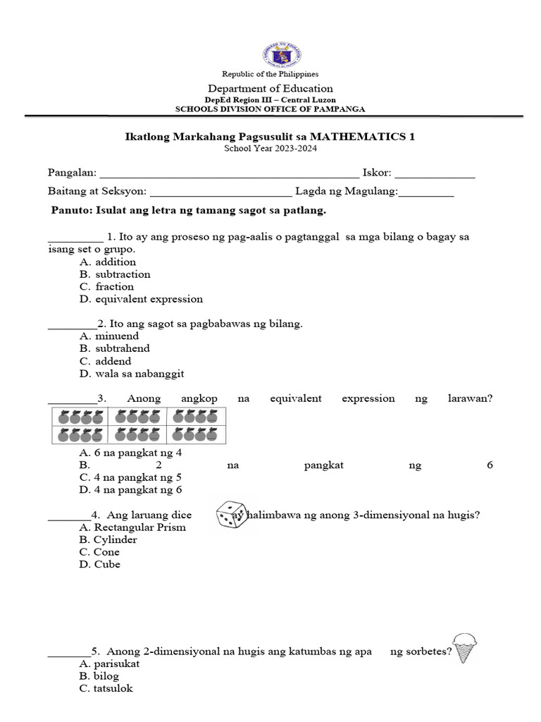 Grade 1 Math Q3 PT 2024 Tos | PDF