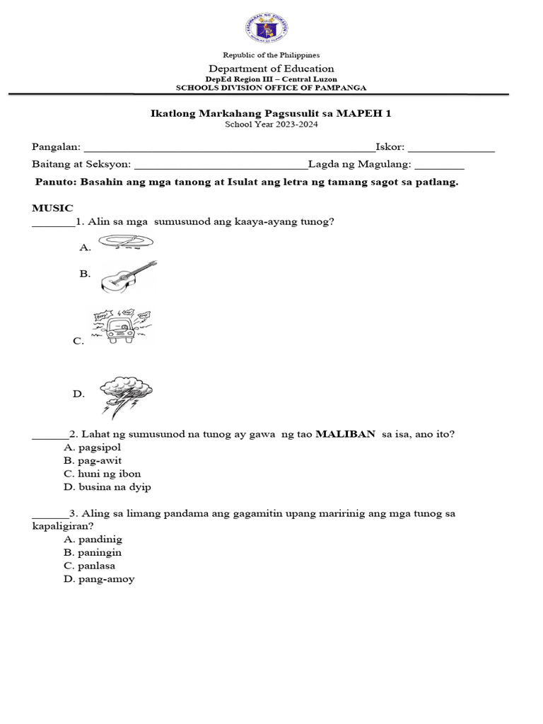 Grade 1 Mapeh Q3 PT 2024 Tos Final | PDF