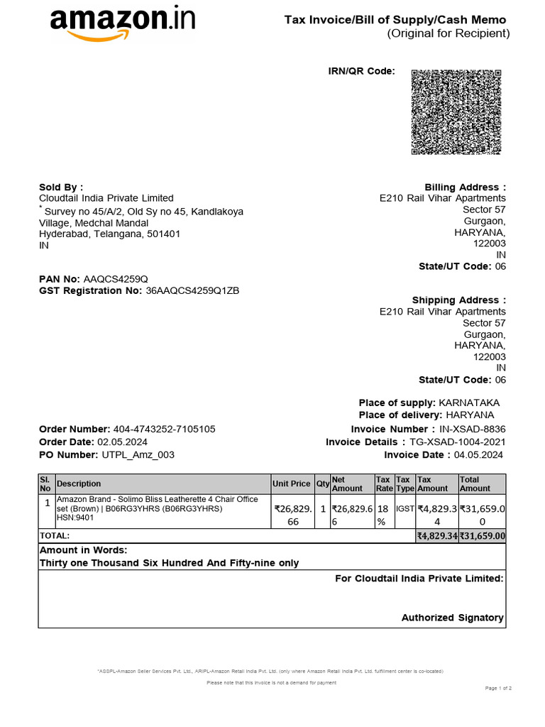 Amazon Invoice for Office Chair Purchase | PDF | Invoice | Trade