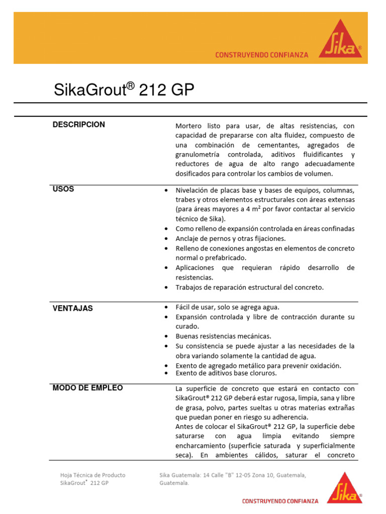 HT-SikaGrout 212 GP | PDF | Hormigón | Agua