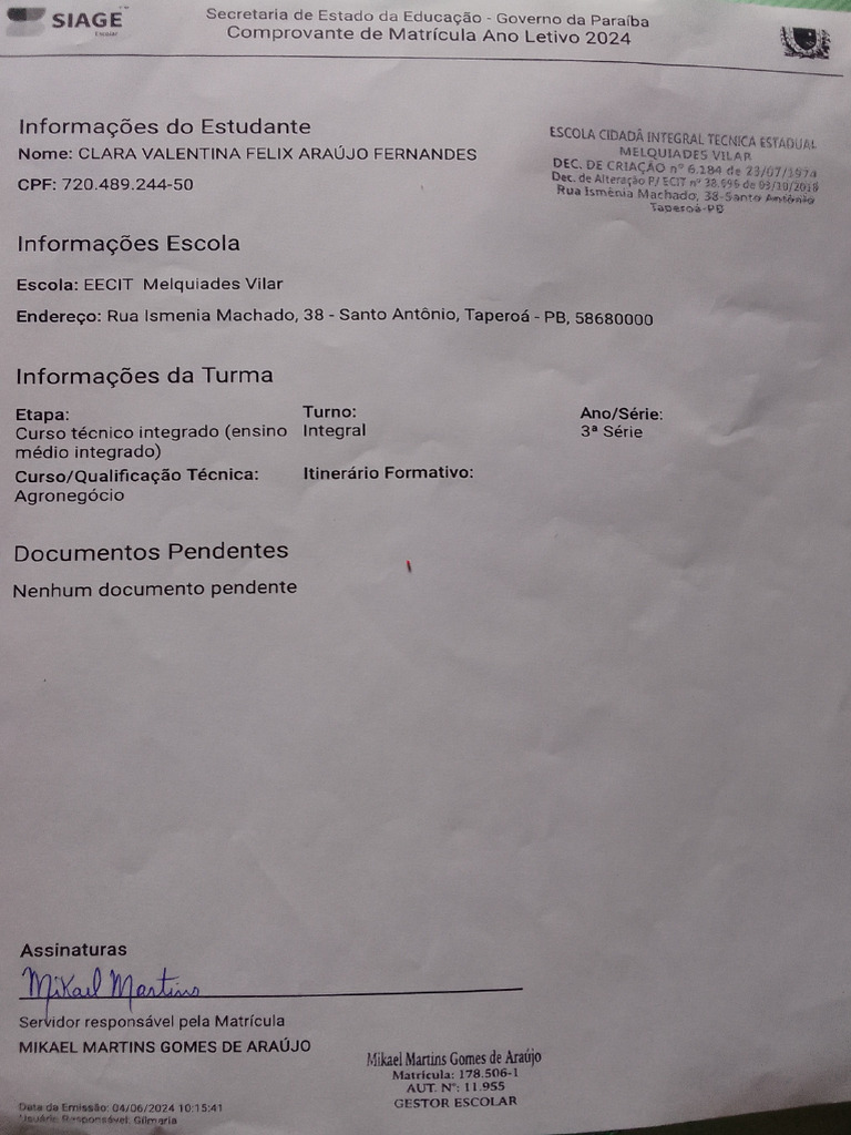 Comprovante Da Escola | PDF