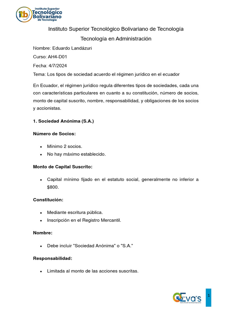 Los Tipos de Sociedad Acuerdo El Régimen Jurídico en El Ecuador | PDF | Corporaciones | Negocios ...