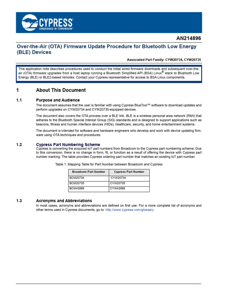 Infineon An214896 Over The Air Ota Firmware Update Procedure For Bluetooth Low Energy Ble
