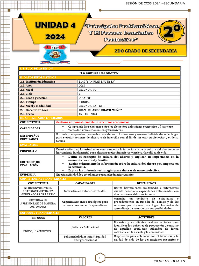 2º Ab Sesión Semana 3 Uni 4 - CCSS 2024 - El Ahorro - Juan Bravo | PDF | Maestros | Aprendizaje