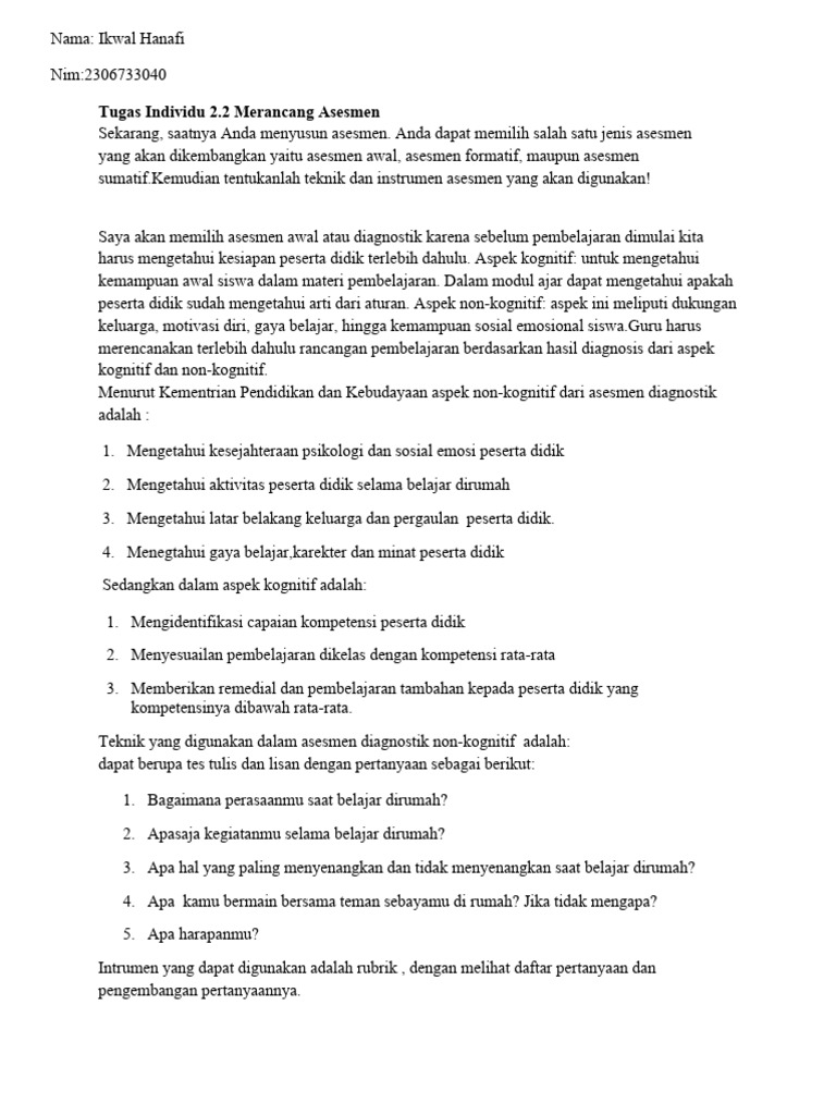 Tugas Individu 2.2 Merancang Asesmen | PDF