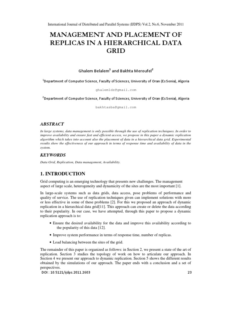Management And Placement Of Replicas In A Hierarchical Data Grid Pdf Replication Computing