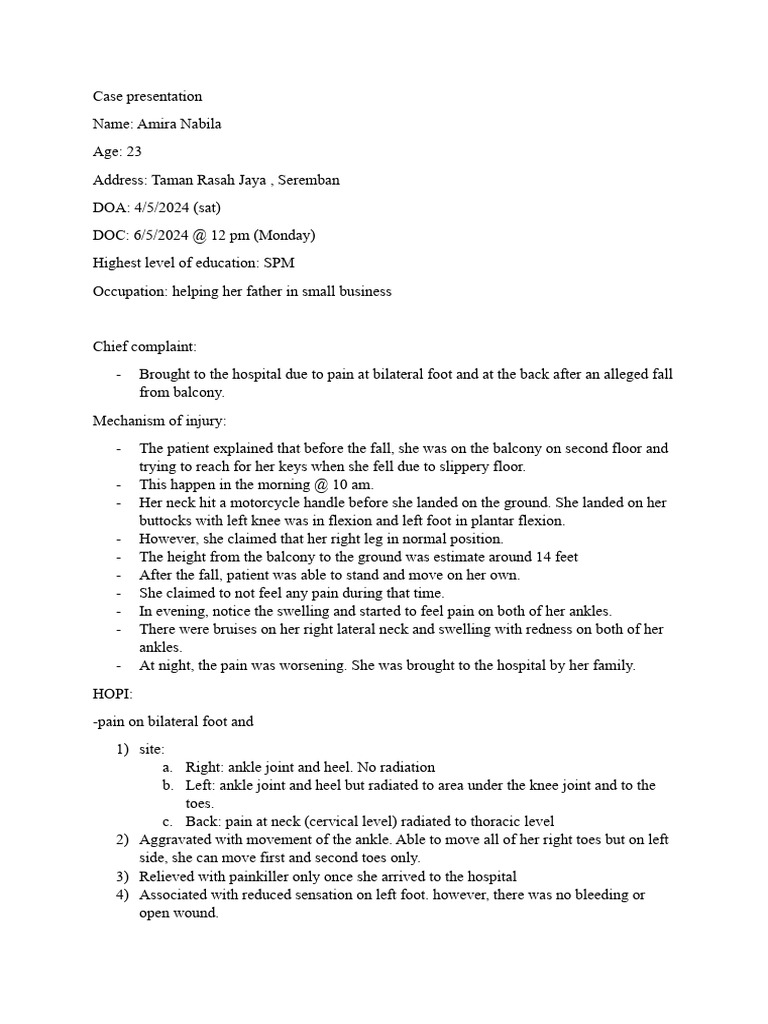 Foot Fracture Case Study: Amira Nabila | PDF | Foot | Clinical Medicine