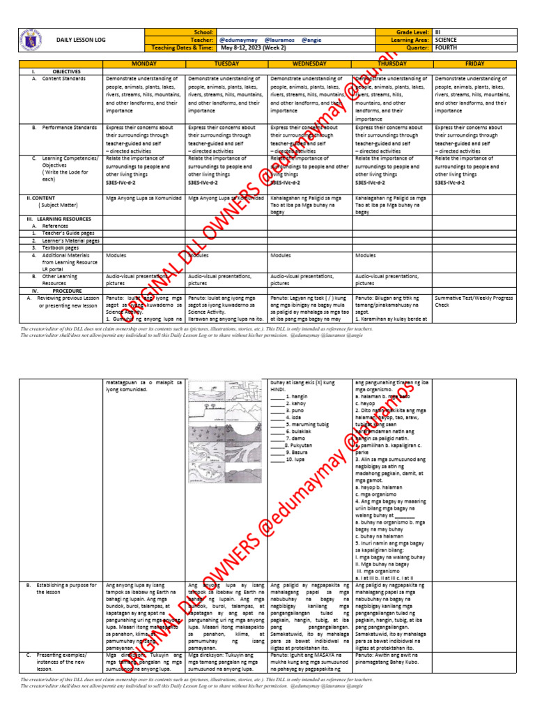 DLL - SCIENCE 3 - Q4 - W2 - Relate The Importance of Surroundings To People and Other Living ...