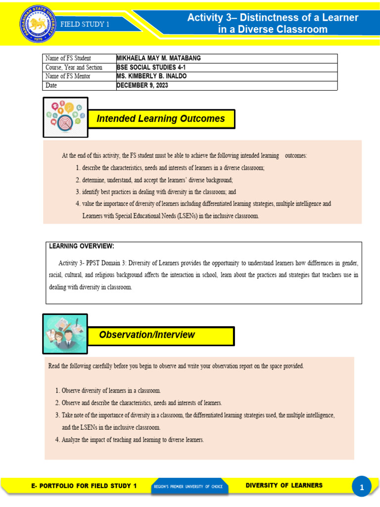 3 Matabang Mikhaela May M. Bse SST 4 1 Fs 1 Activity 3 | PDF | Learning | Teachers