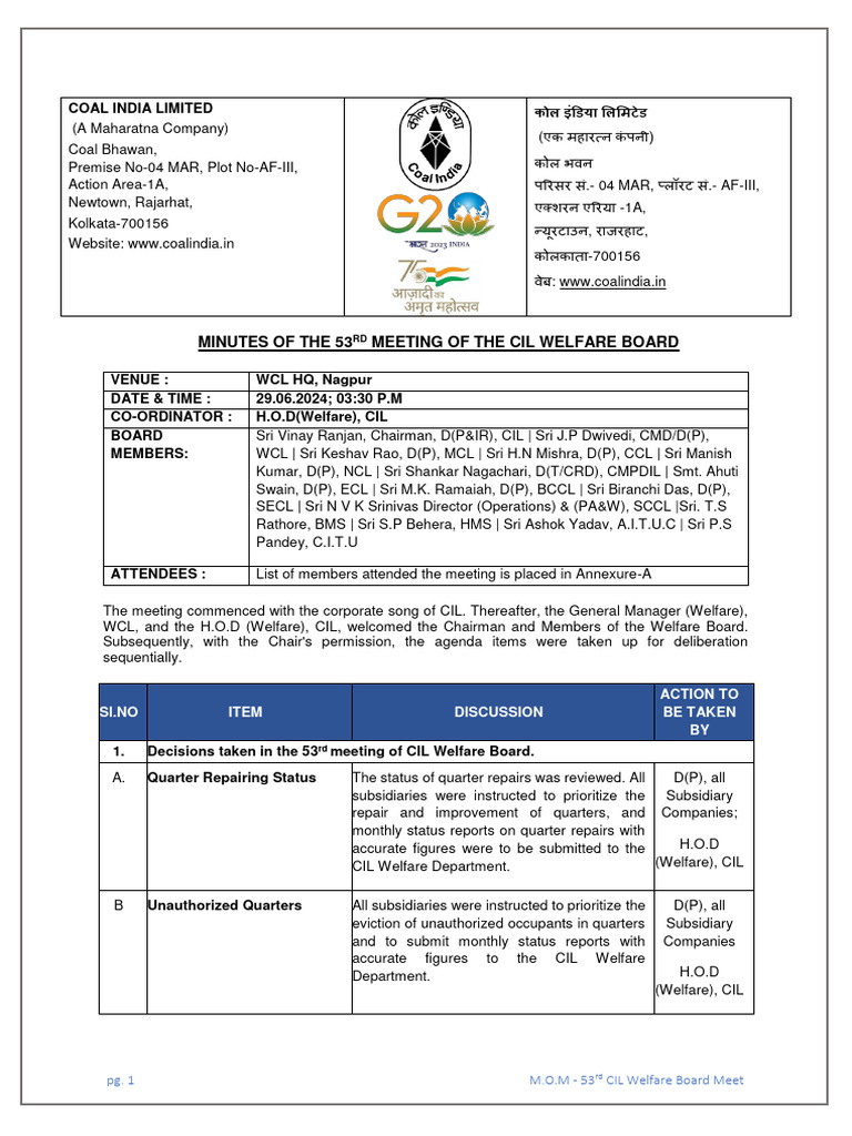 Minutes-53rd Welfare Board Meet | PDF | Business