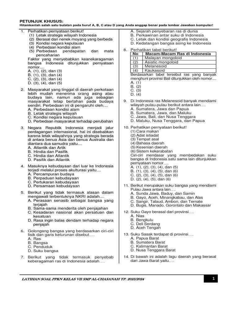 3b. Soal Latihan PAS Genap PKN Kelas 7 (2023-2024) - Kisi-Kisi | PDF
