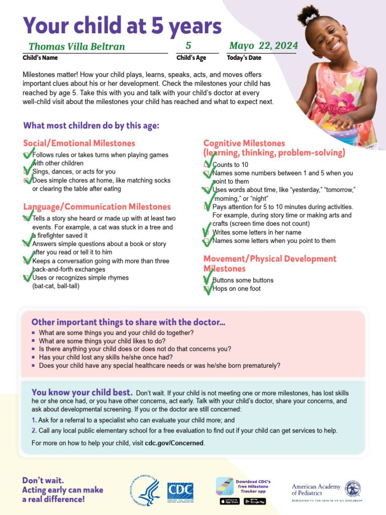 CDC Milestone Checklist THOMAS | PDF | Psychological Concepts ...