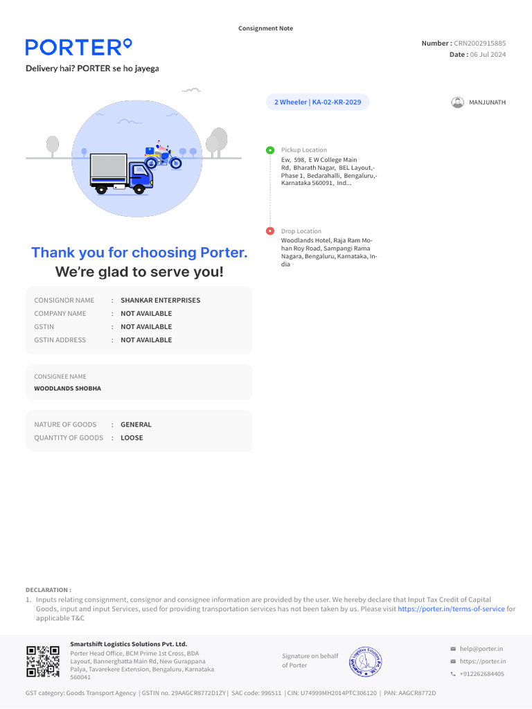 Porter Consignment Note (CRN2002915885) | PDF