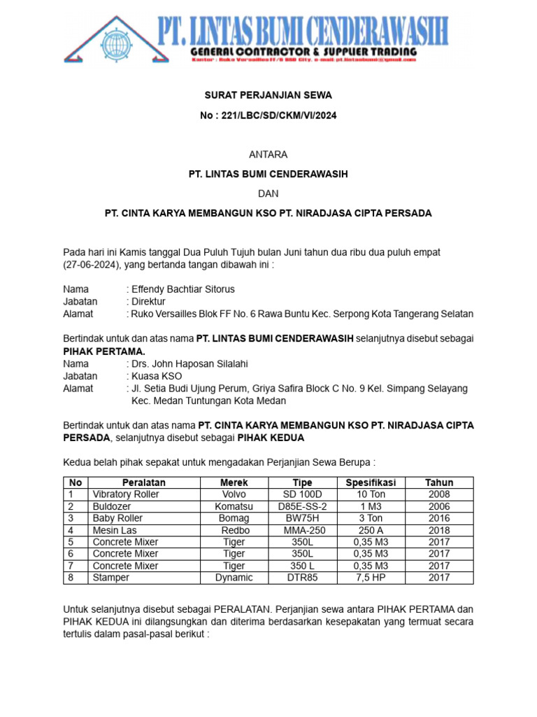 Surat Perjanjian Sewa Peralatan PT CKM Kso | PDF