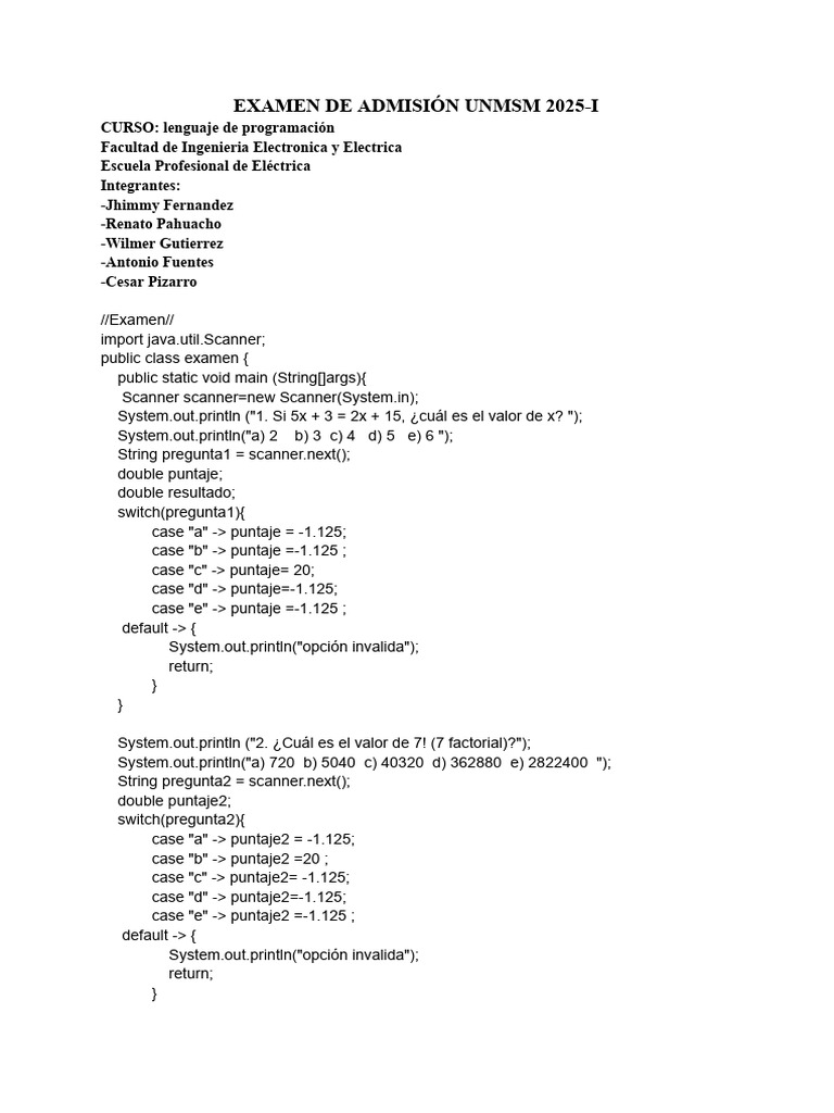 Examen de Admision Pogramable en Java (Fiee-Unmsm 2024) | PDF | Glucosa | Redox