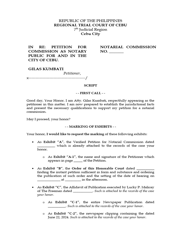 Script For Petition For Notarial Commission Hearing | PDF | Affidavit | Courts