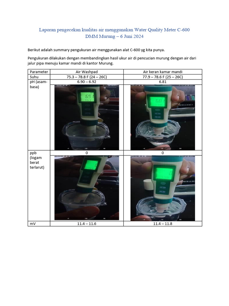 Laporan Pengecekan Kualitas Air Menggunakan Water Quality Meter | PDF ...