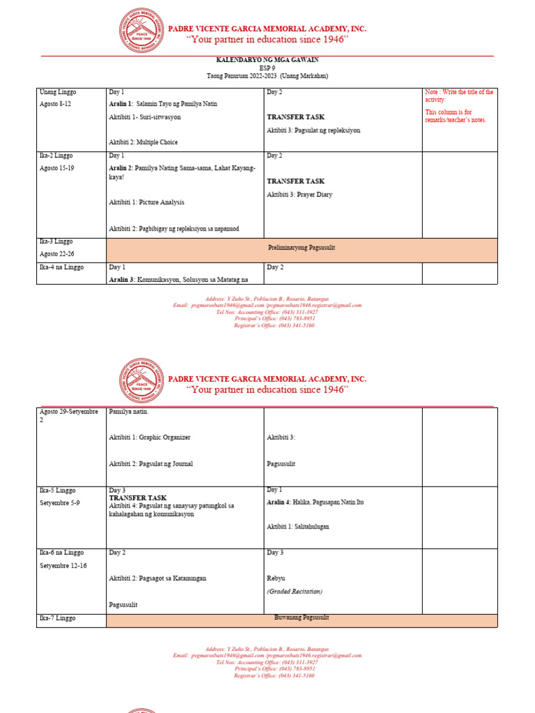 ESP 8 Calendar of Activities | PDF