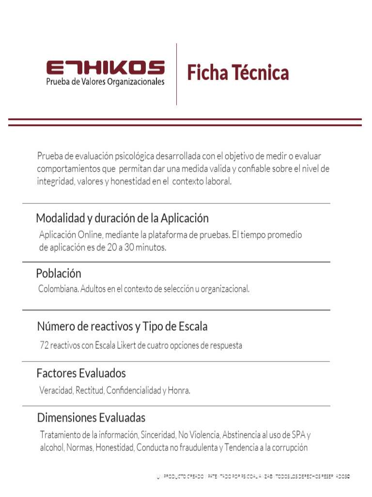 PsicoAlianza - Ficha Técnica Ethikos Riesgos | PDF