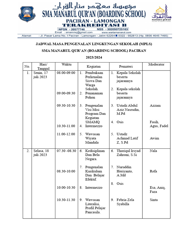 Susunan Jadwal MPLS 2023 | PDF