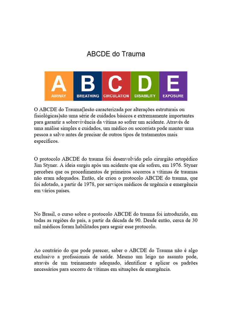 Protocolo ABCDE do Trauma | PDF | Primeiros socorros | Doenças e distúrbios