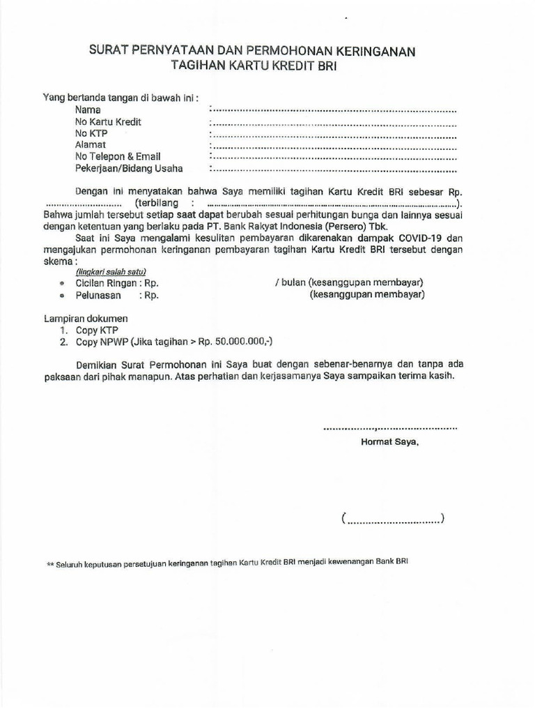 Surat Pernyataan Dan Permohonan Keringanan Bri | PDF