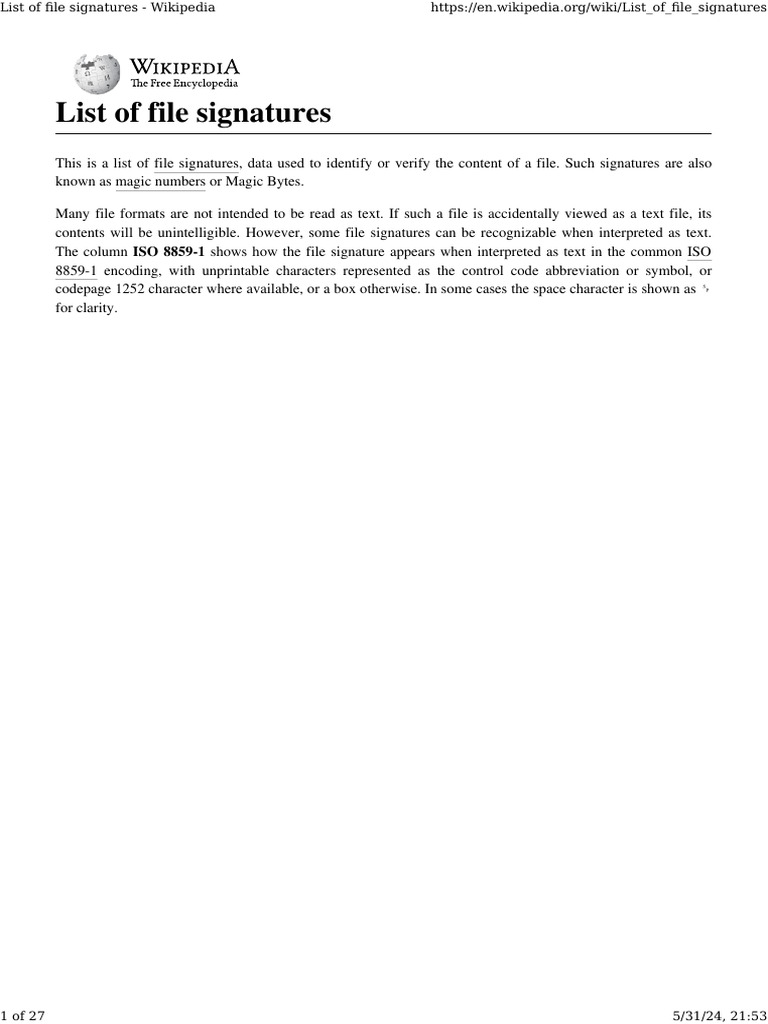 Magic Byte-List of File Signatures - Wikipedia | PDF | Computing ...