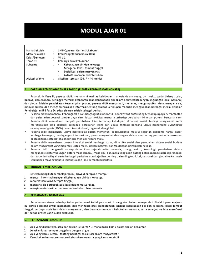 05 MODUL AJAR 01 IPS 7 IKM SMT1 2024-2025 (Anwark) SQQ | PDF