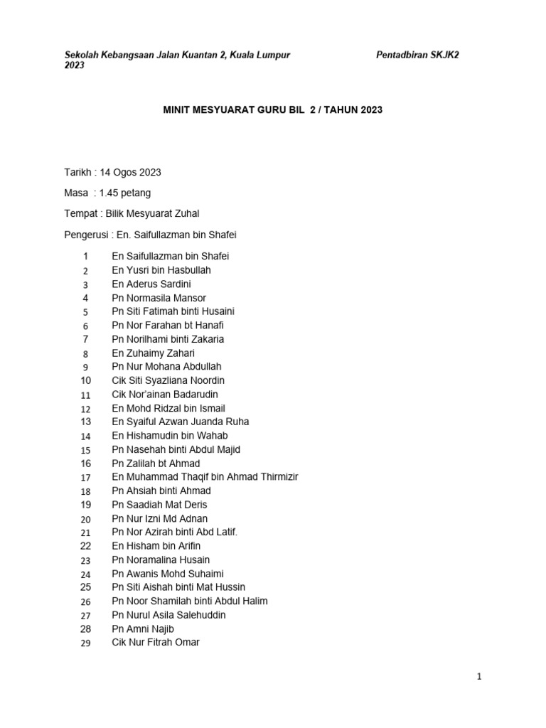 MINIT MESYUARAT GURU BIL (2) 2023 | PDF