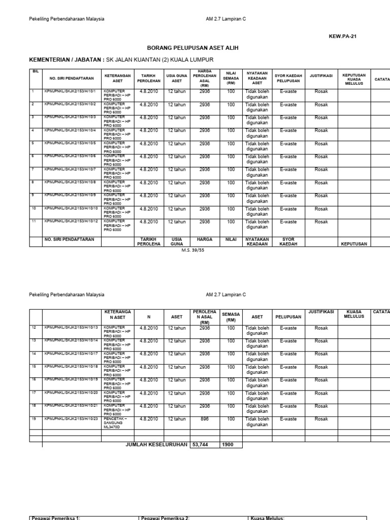 Kew - Pa-21 Borang Pelupusan Aset Alih - 2010 | PDF