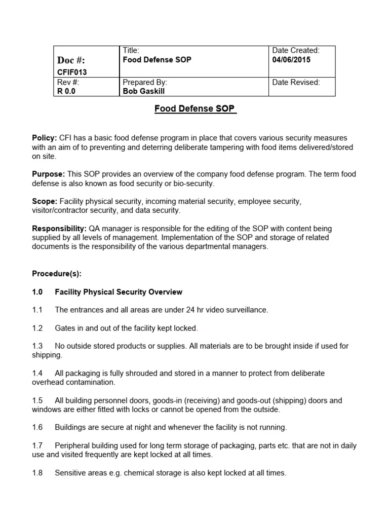 SOP Food Defence | PDF | Identity Document | Physical Security